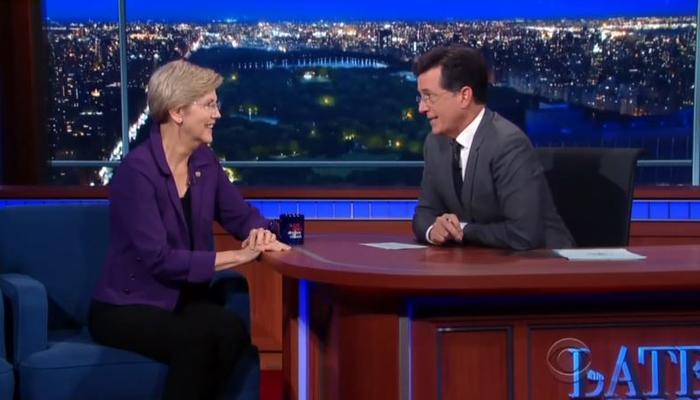 Stephen Colbert Cozies Up to Elizabeth Warren, Pleads with Her to Run ...